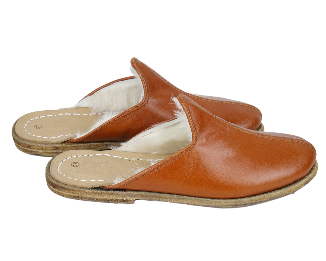 Men Mule SHEARLING BRIGHT Tan Smooth Leather Handmade Yemeni Slippers ...