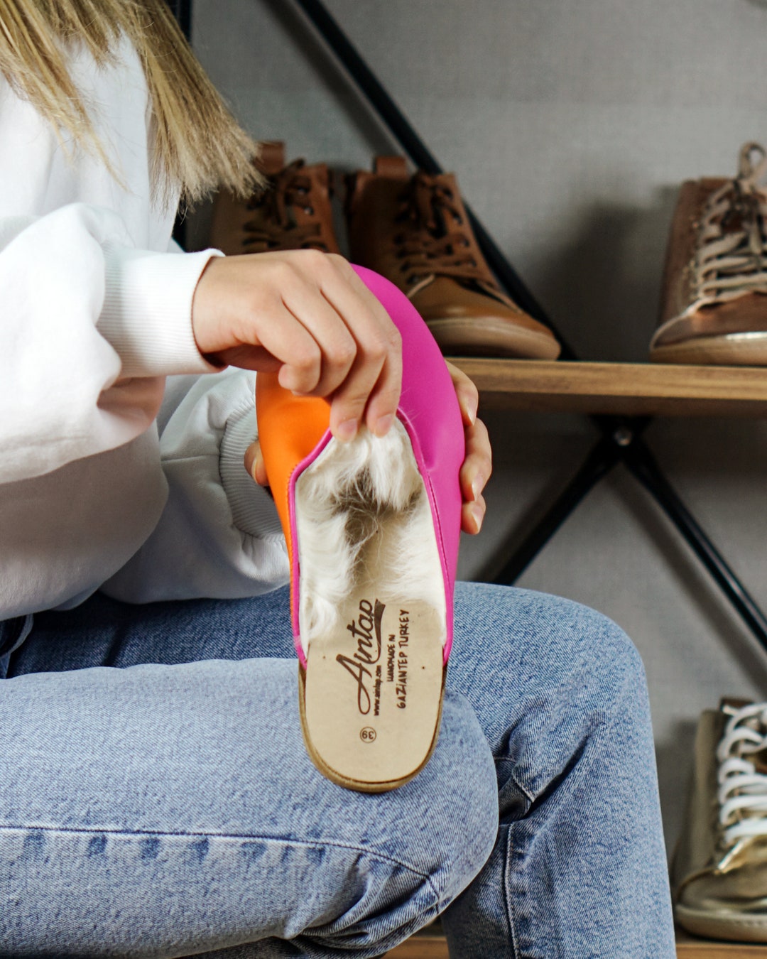 CUSTOM Color Women Mule SHEARLING Slippers Smooth Leather Handmade ...