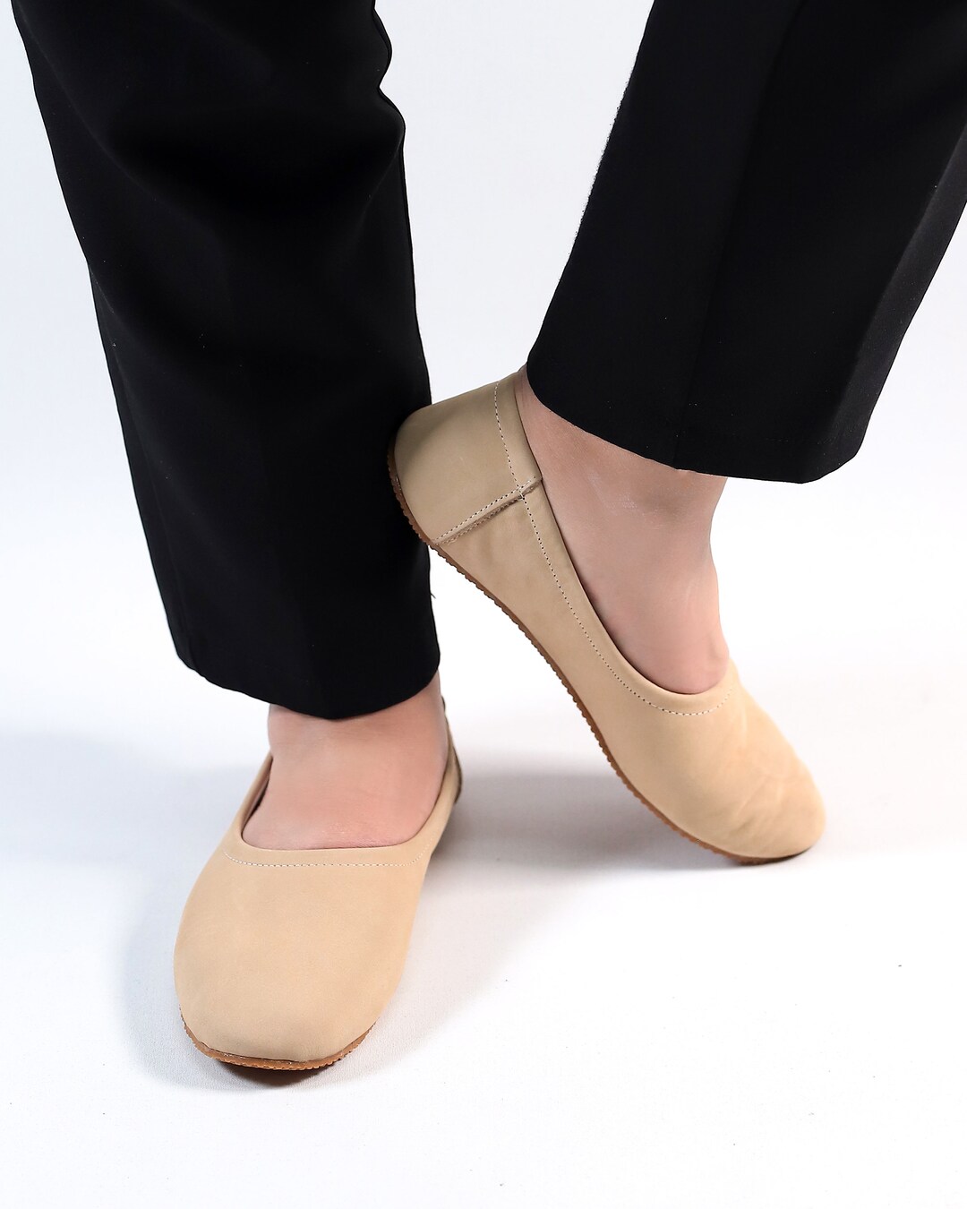 Women Flat Ballet CREAM NUBUCK Turkish Genuine Leather, Handmade ...