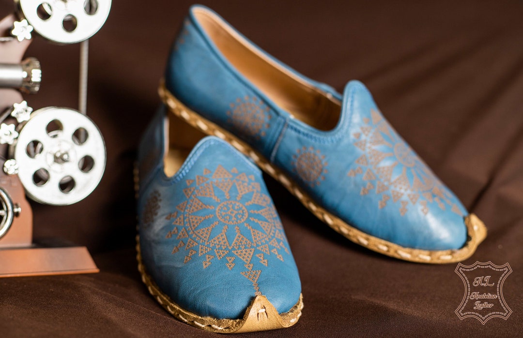 Women BLUE Lazer Print SMOOTH Turkish Genuine Leather Handmade ALADDIN ...