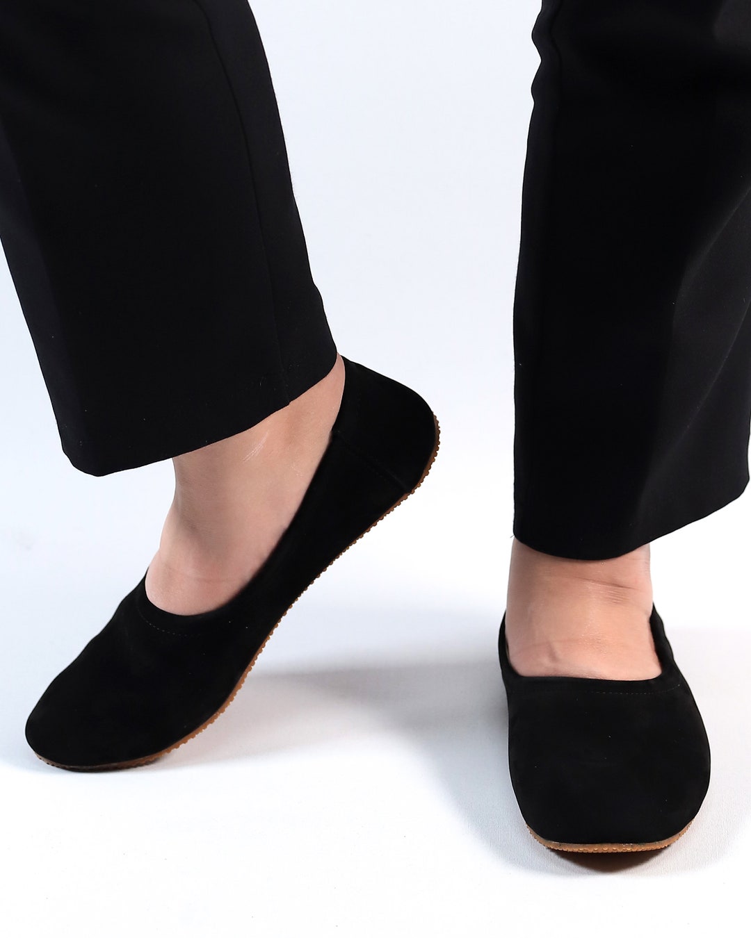 Women Flat Ballet BLACK NUBUCK Turkish Genuine Leather, Handmade ...