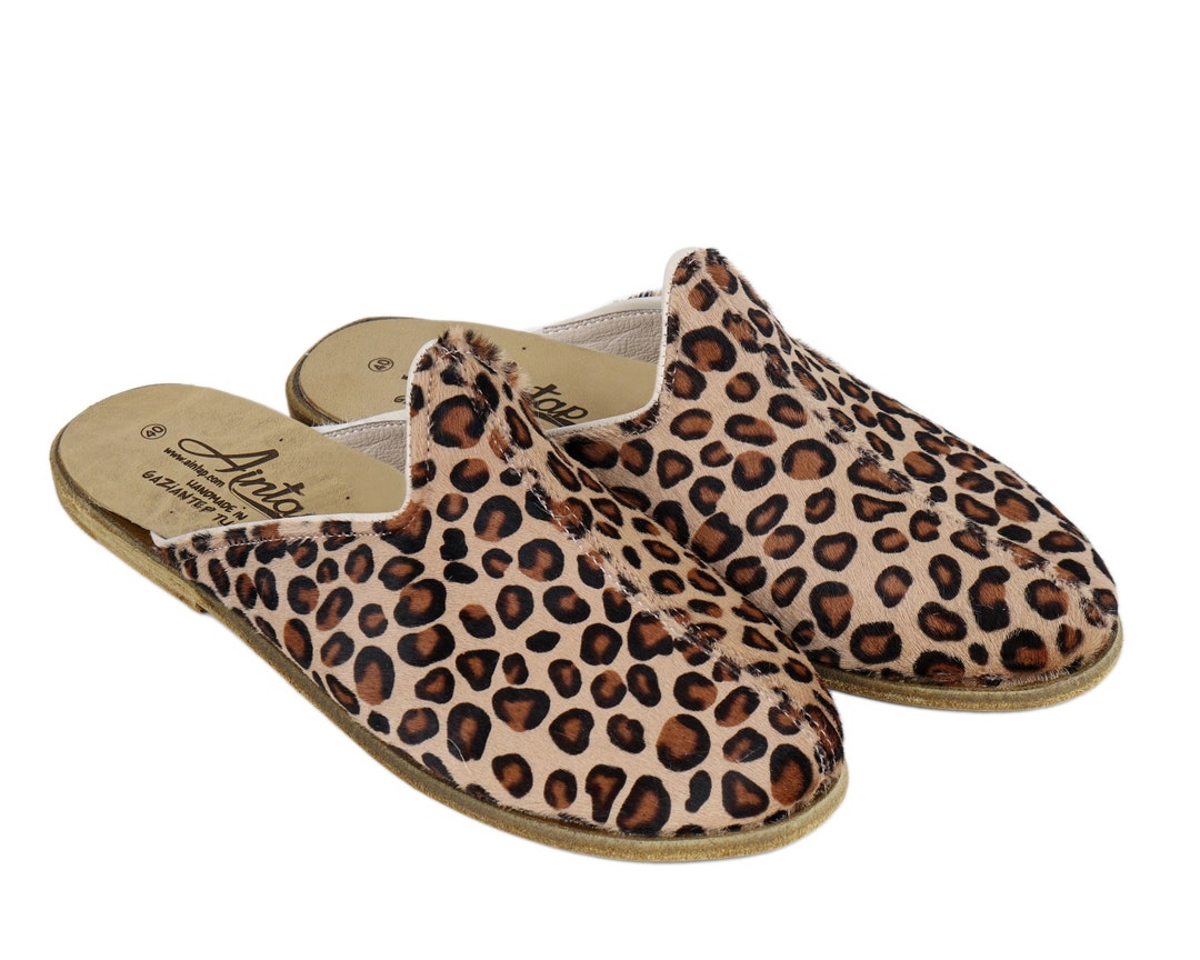 Women Mule LEOPARD CALF Leather Handmade Yemeni Slippers, Natural ...
