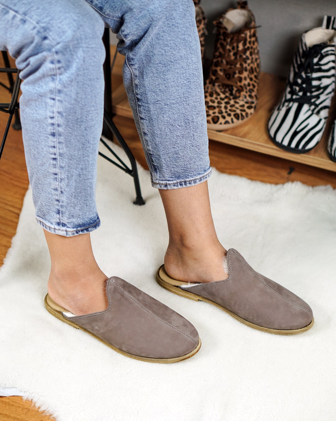 Women Mule SHEARLING GRAY Nubuck Leather Handmade Yemeni Slippers ...