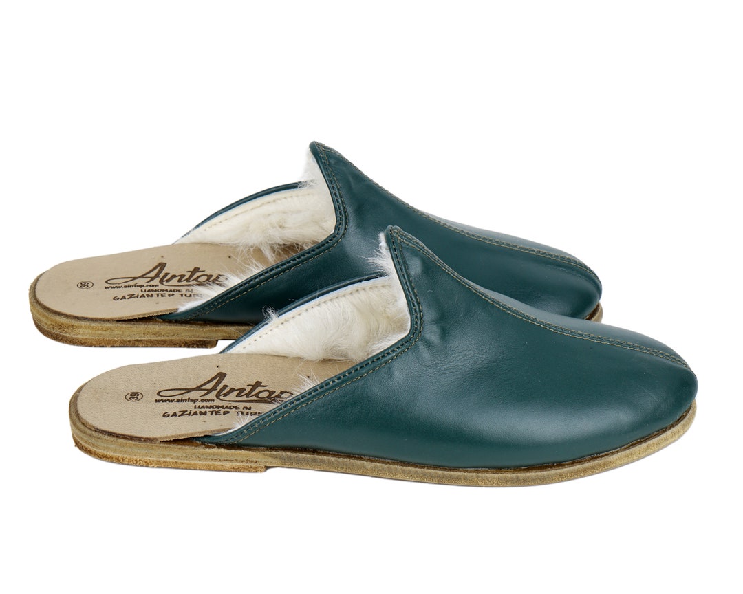 Men Mule SHEARLING GREEN Smooth Leather Handmade Yemeni Slippers ...