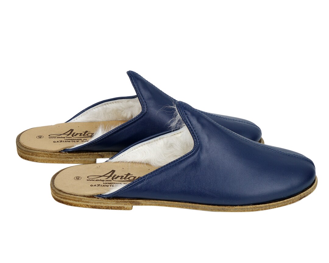 Women Mule SHEARLING Slippers NAVY Blue Smooth Leather Handmade Yemeni ...