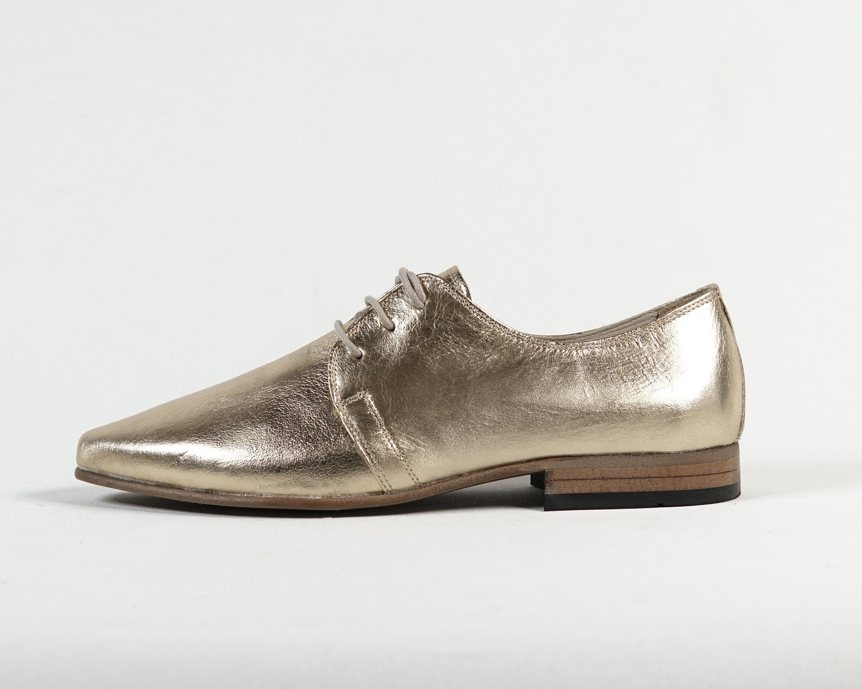 Gold Leather Point Toe Oxford Shoes - Handmade Turkish Heeled Oxfords ...