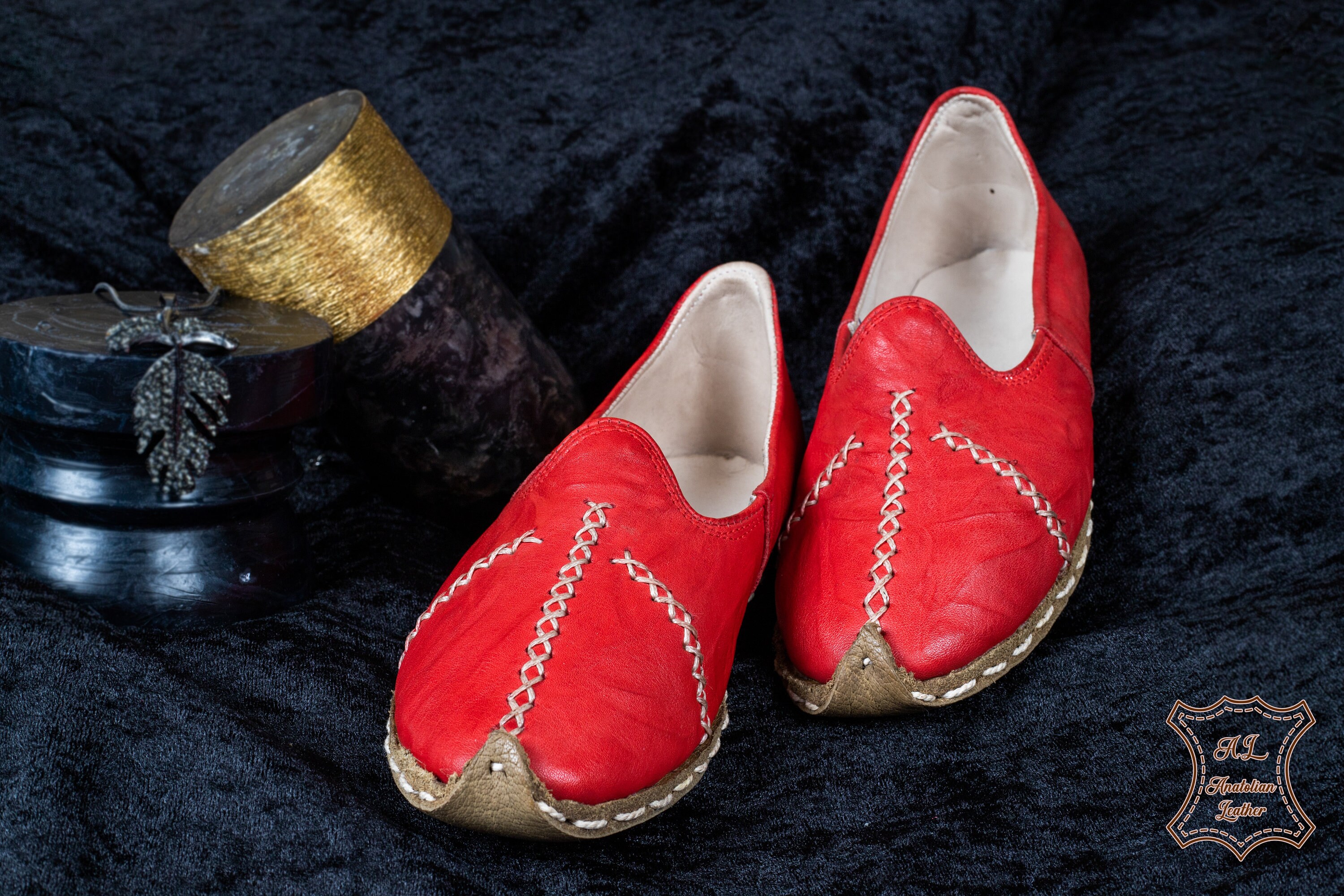 Women RED SMOOTH Turkish Genuine Leather Handmade ALADDIN Yemeni Shoes ...