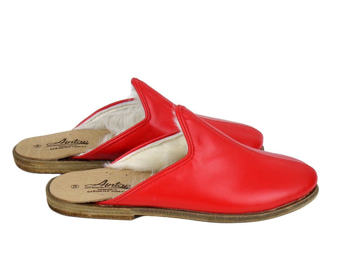 Men Mule SHEARLING Slippers RED Smooth Leather Handmade Yemeni Slippers ...