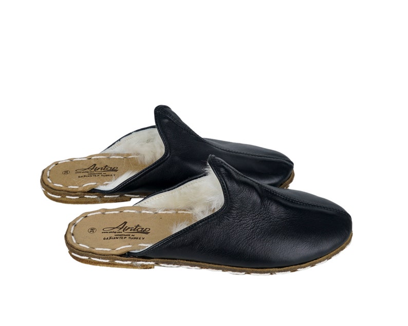 Men Handmade Stitched Mule SHEARLING BLACK Smooth Leather, Yemeni ...