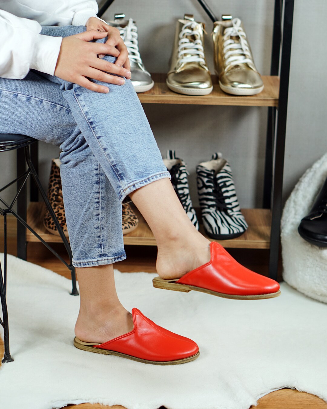 Women Mule SHEARLING RED Smooth Leather Handmade Yemeni Slippers ...