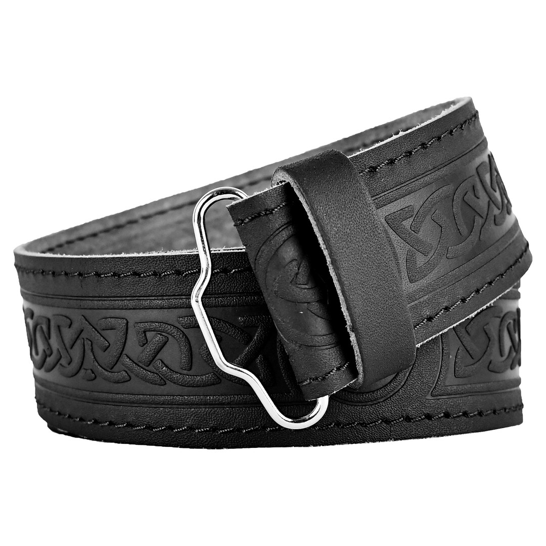 Mens Tartan Kilt Belt Black Celtic Knot Embossed Scottish Highlanders ...