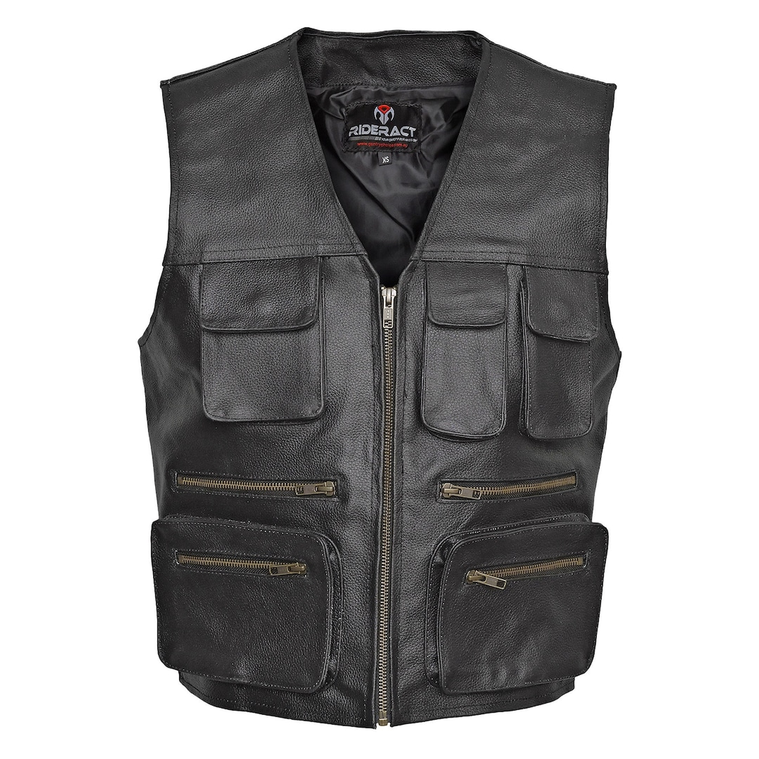 Men Utility Vest Genuine Cowhide Leather Vest With Multi Pockets ...