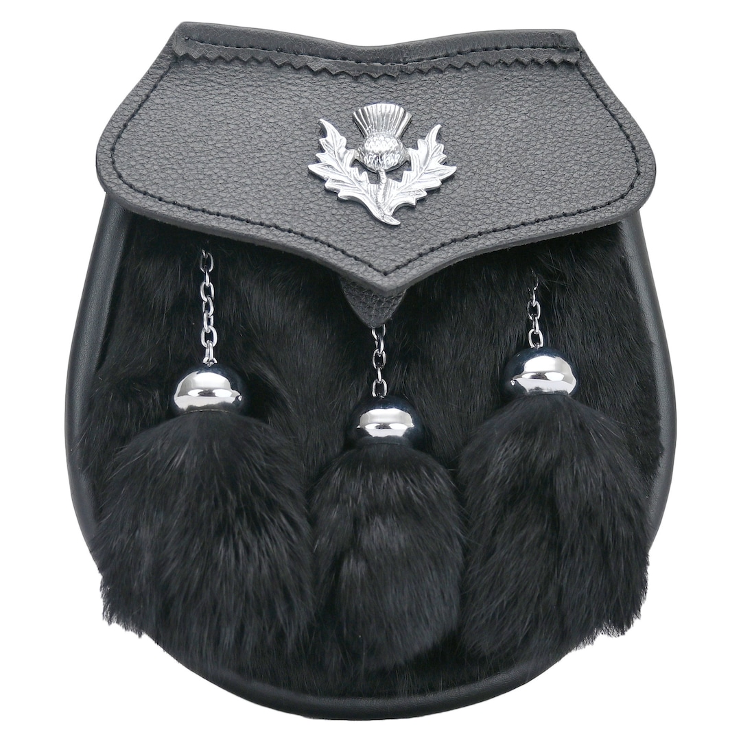 Thistle Mounted Black Rabbit Fur & 3 Tassels Sporran Traditional Kilt ...