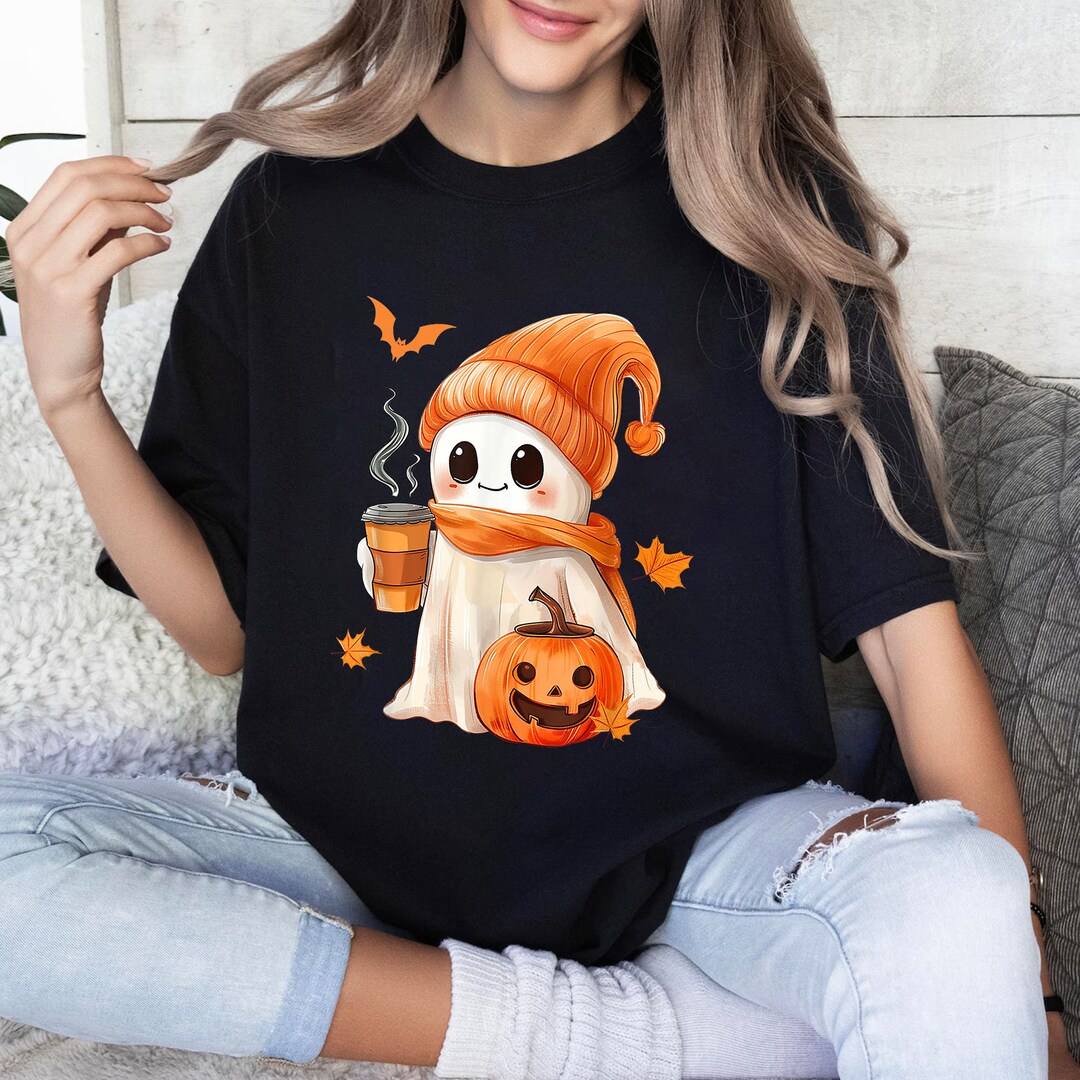 Cute Ghost Shirt, Halloween Ghost Shirt, Cute Ghost Drinking Coffee Halloween Ghost Ice Coffee T ...