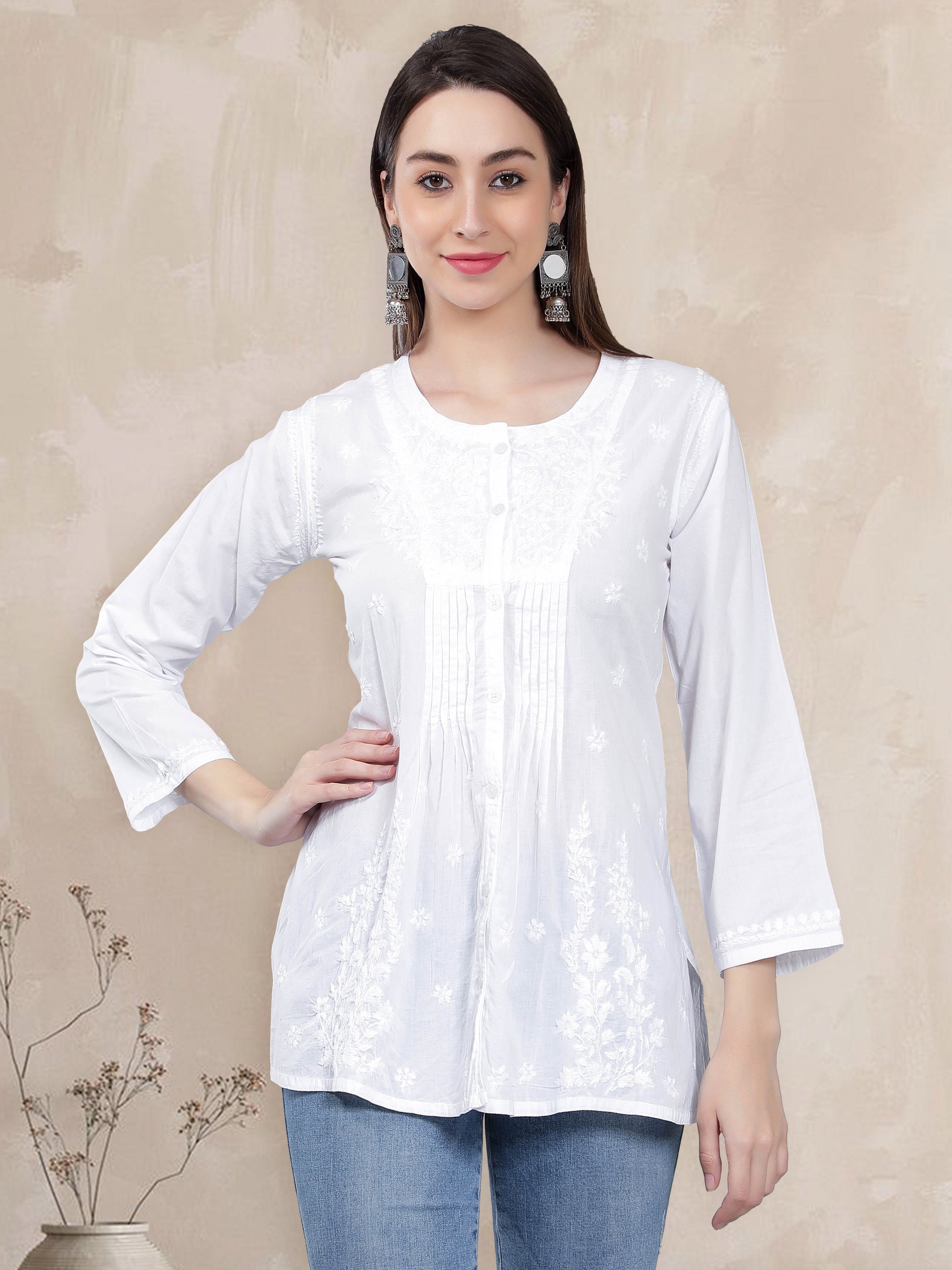 Hand Embroidered Cotton Kurti Top: Lucknowi Chikankari, Casual Wear - Etsy
