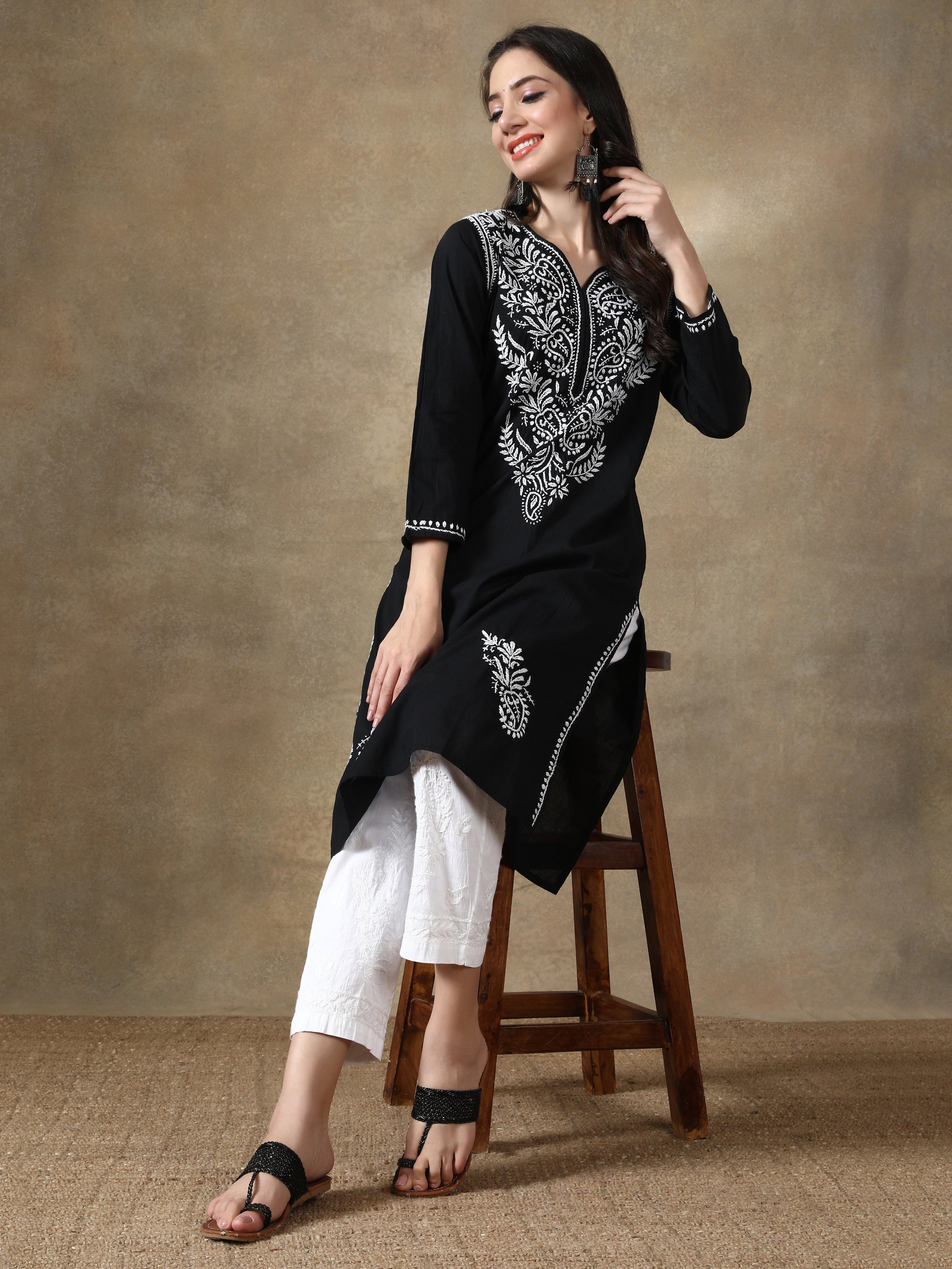 Chikankari Cotton Kurta Tunic Dress Hand Embroidered Lucknawi Designer ...