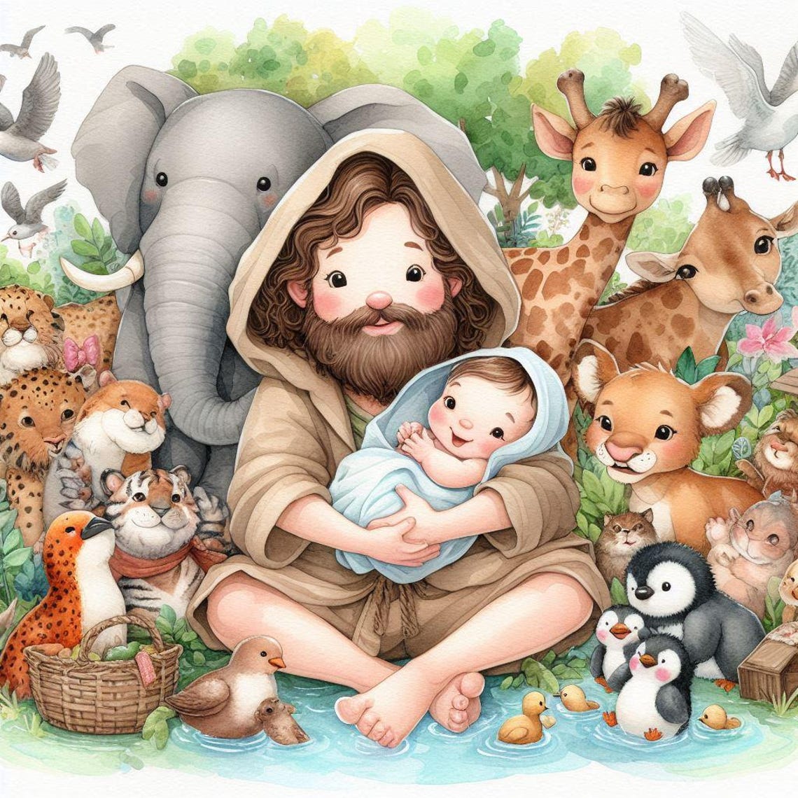 Watercolor Noah's Ark Baby Nursery Clipart, Bible Story Clipart Bundle ...