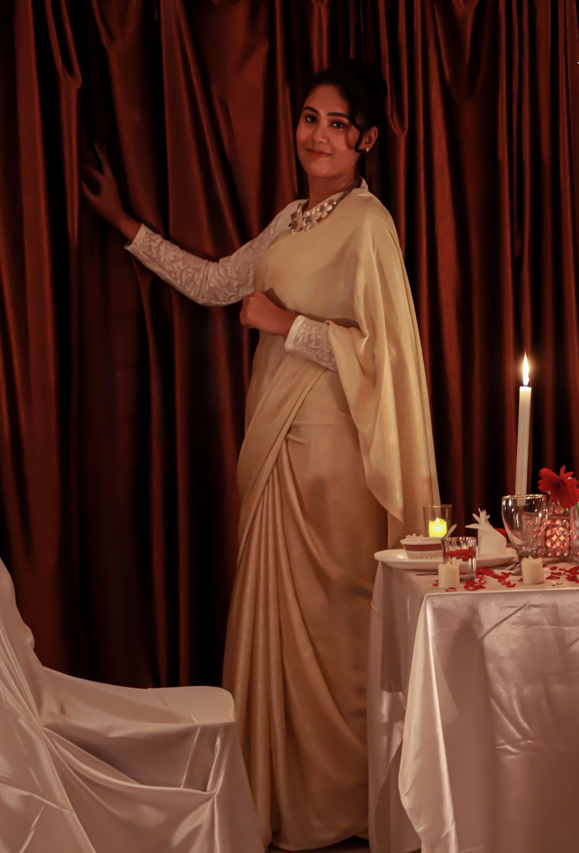 Candle Night Dinner Saree/beige/fancy /marble Printed Saree/evening ...