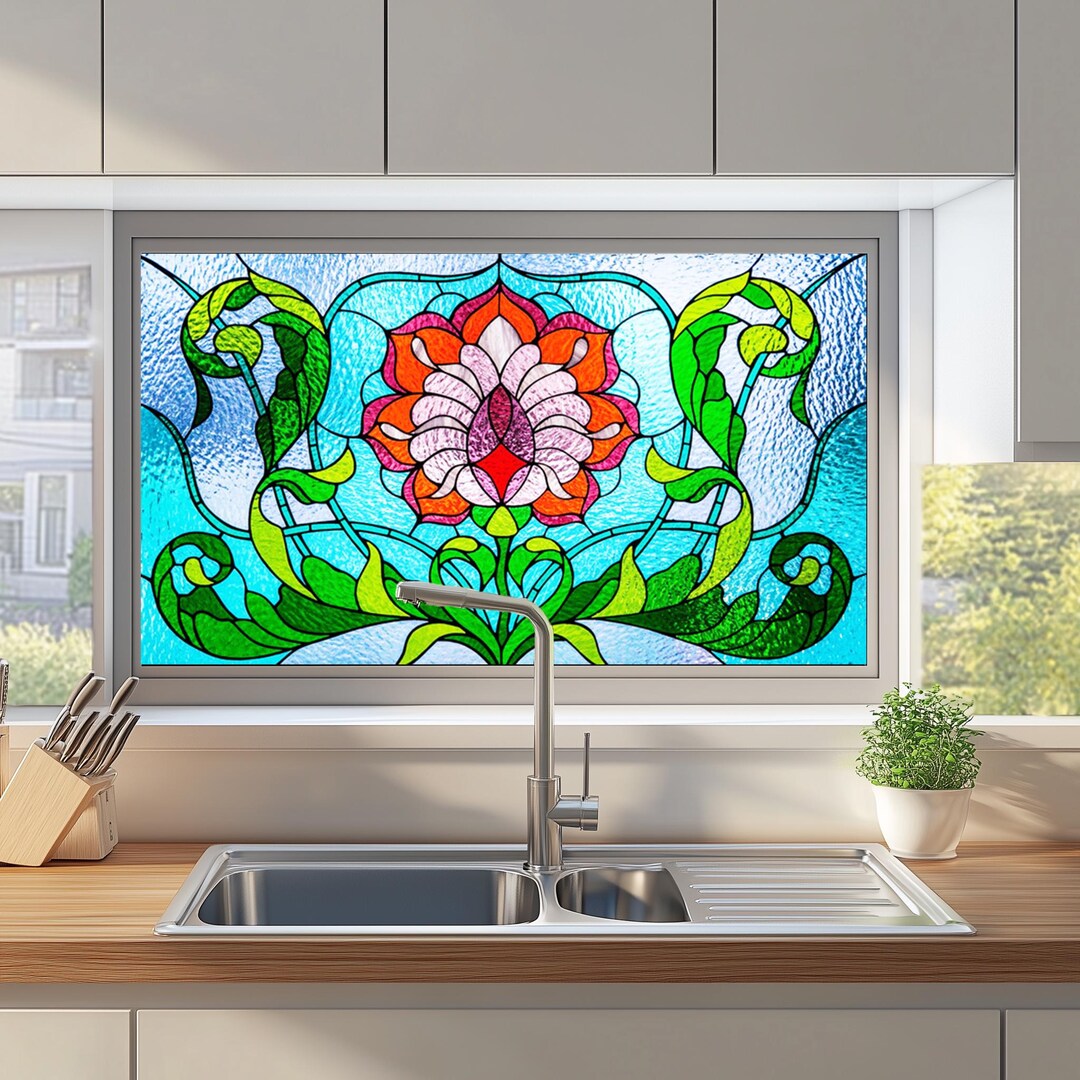 Stained Glass Window Film – Floral Lotus Design, Frosted Privacy Static ...
