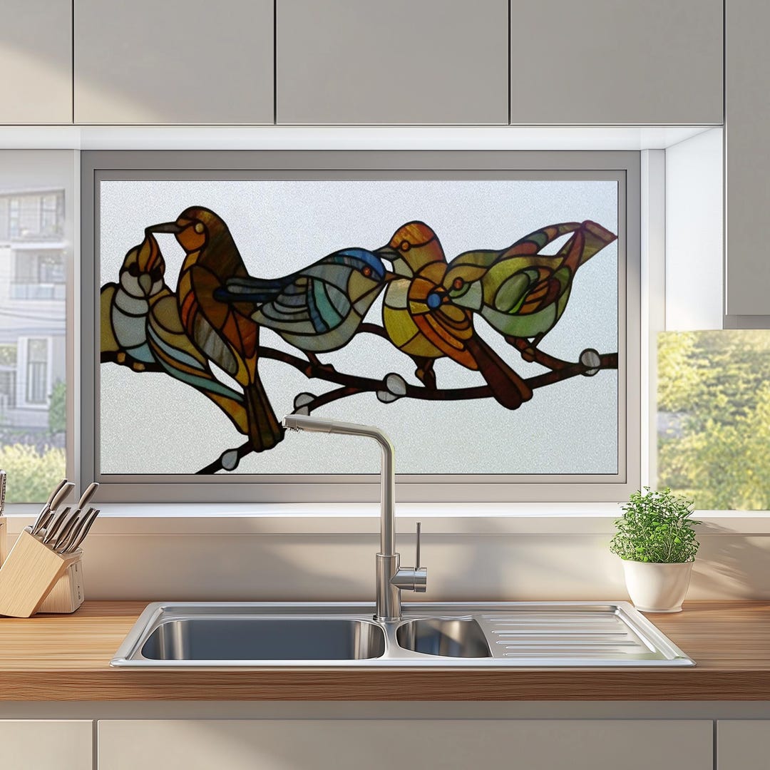 Custom Stained Glass Window Film – Bird Design Frosted Privacy Static ...