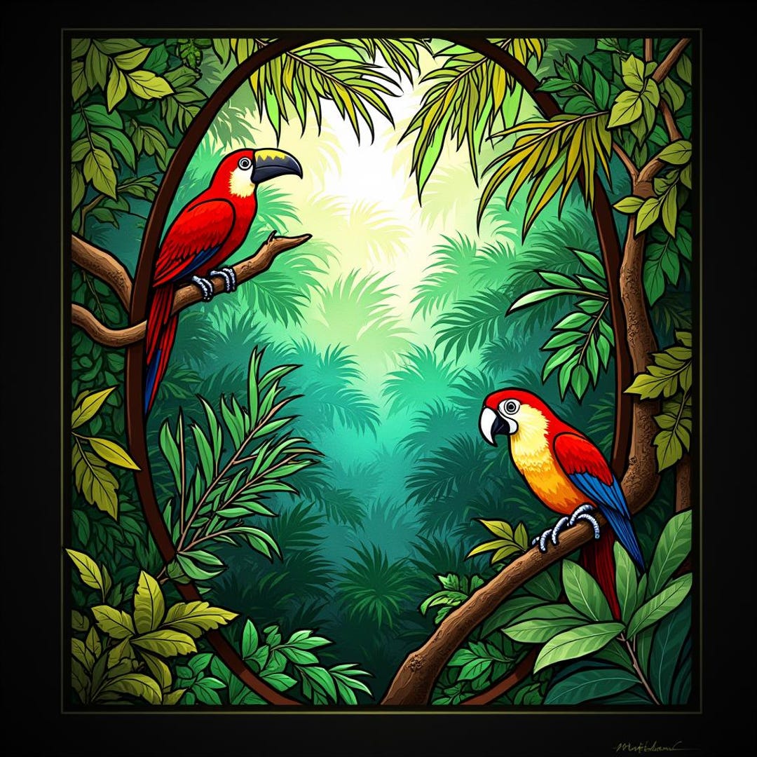 Custom Parrot Jungle Stained Glass Window Film – Tropical Bird Static ...