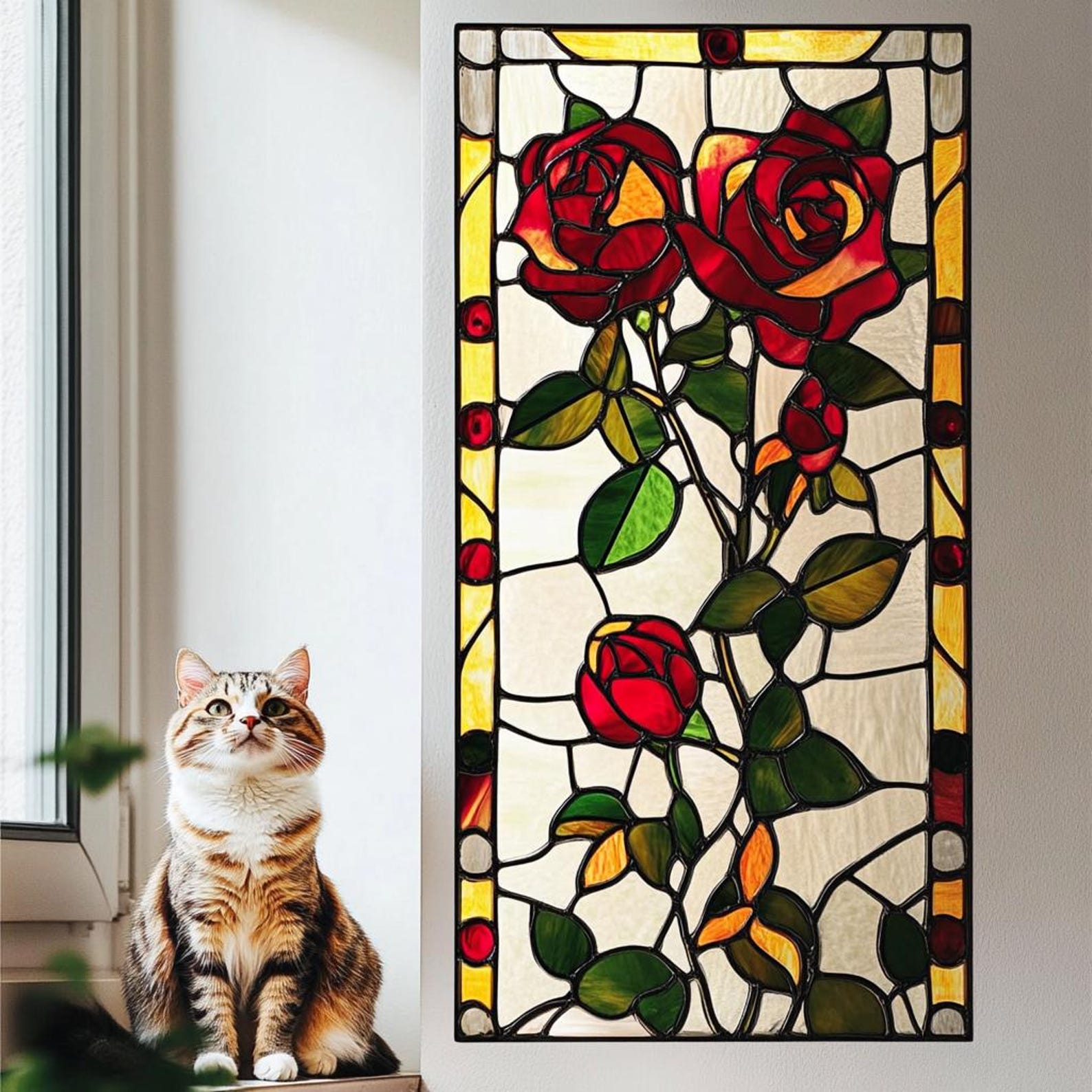 Custom Red Rose Stained Glass Window Film – Romantic Floral Privacy ...