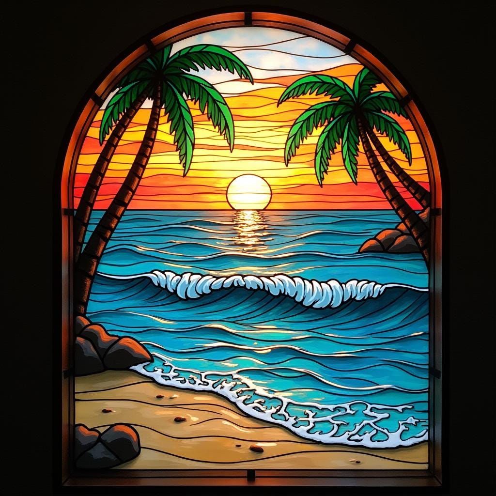 Custom Beach Sunset Stained Glass Window Film – Tropical Ocean View ...