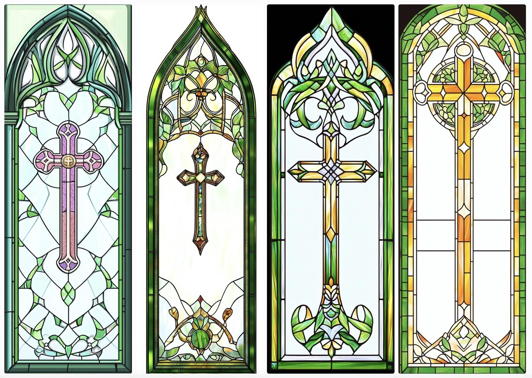 Green Cathedral Cross Stained Glass Window Cling Tall Arched Privacy ...