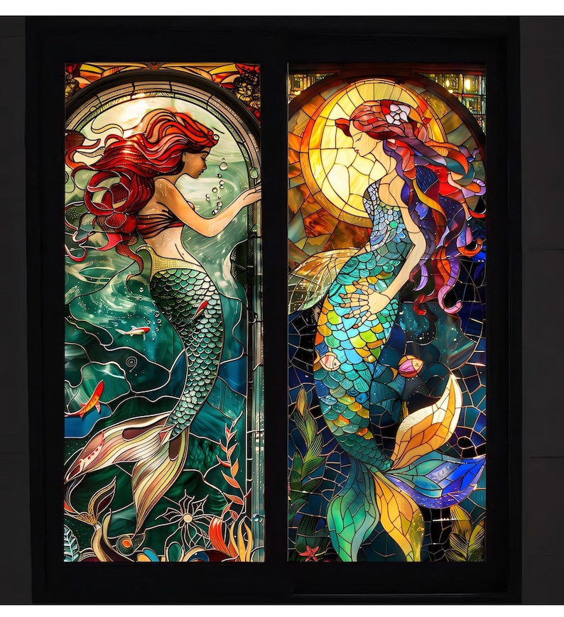Custom Mermaid Stained Glass Window Film, Vibrant Underwater Design ...