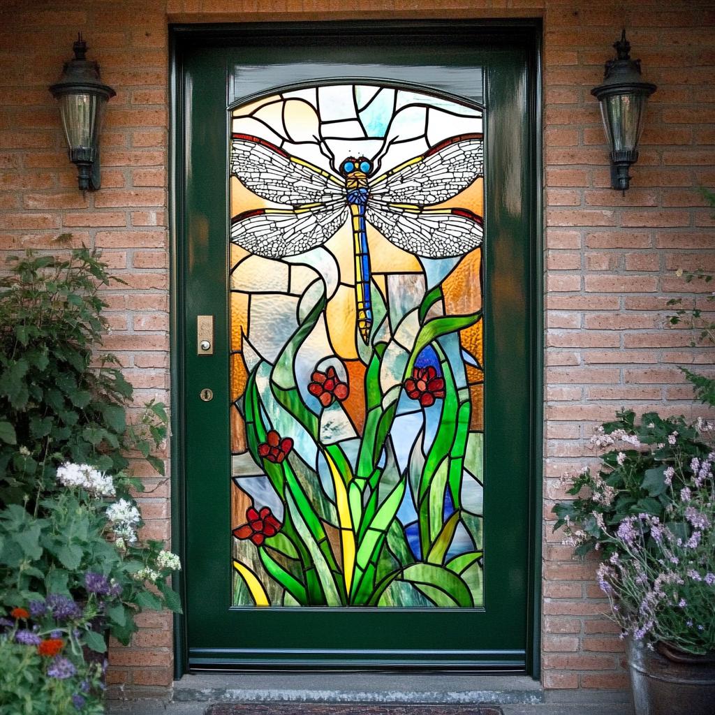 Custom Dragonfly Stained Glass Window Film – Floral Garden Static Cling ...