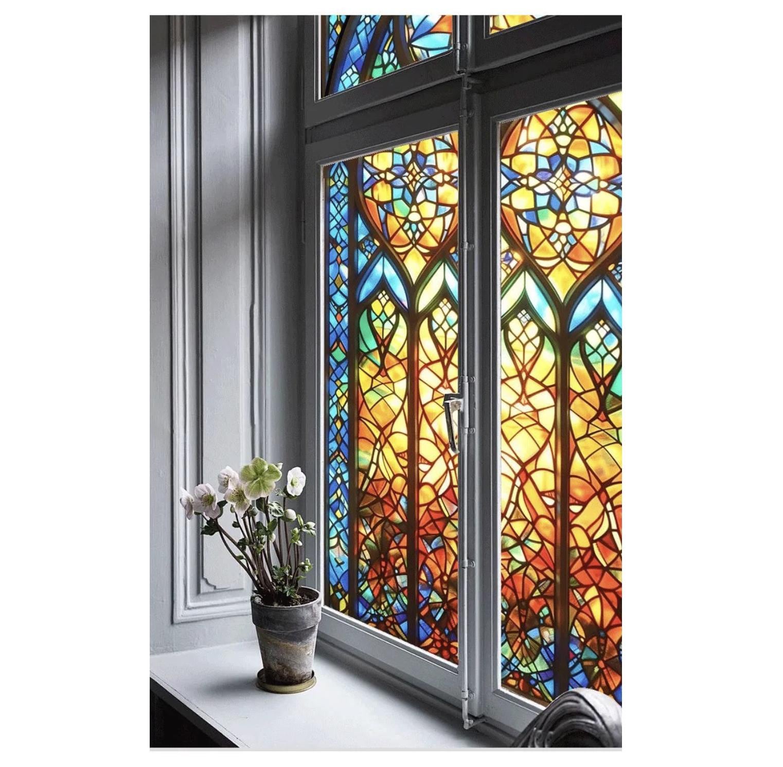 Custom Cathedral Stained Glass Window Film, Vibrant Gothic Arches ...