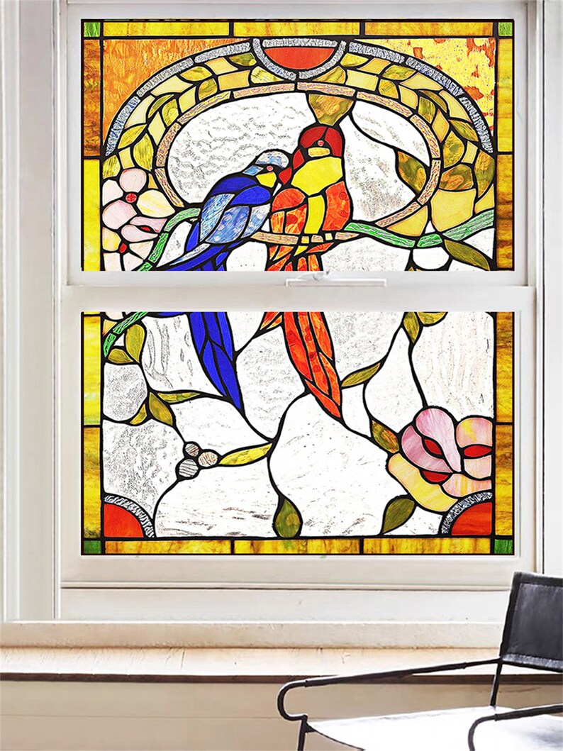 Custom Size Stained Glass Window Film Privacy Bird and Flower Design ...