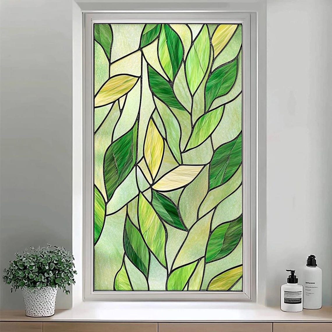 Leafy Green Stained Glass Window Film, Non-adhesive Frosted Privacy ...