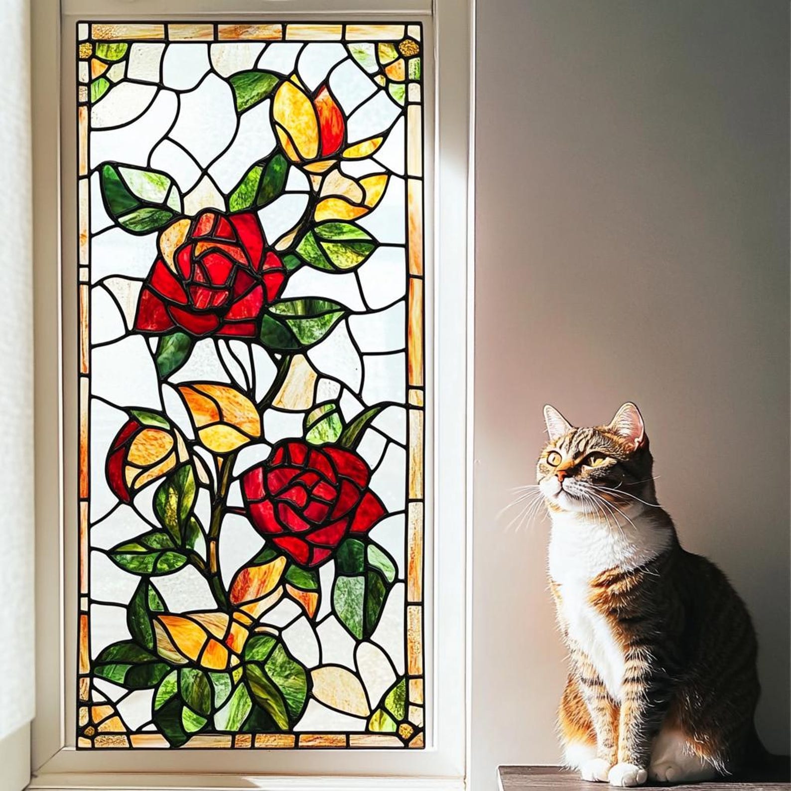 Custom Red Rose Stained Glass Window Film – Romantic Floral Privacy ...