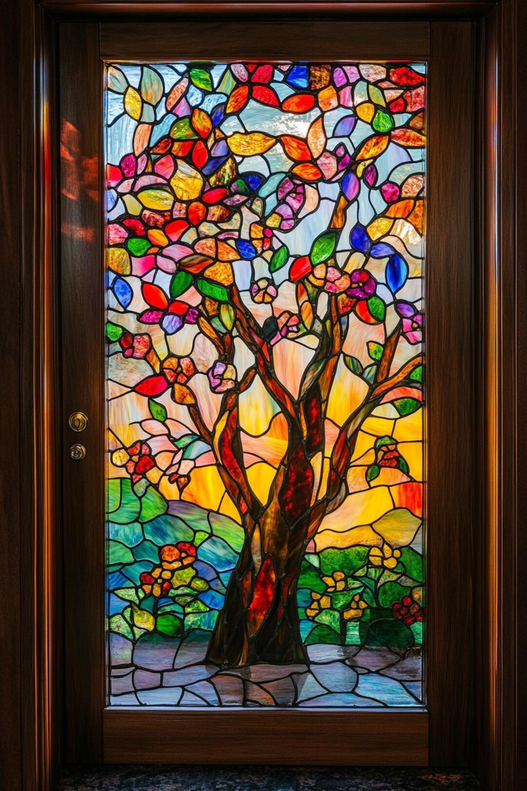 Custom Stained Glass Window Film - Vibrant Tree Design With Colorful ...