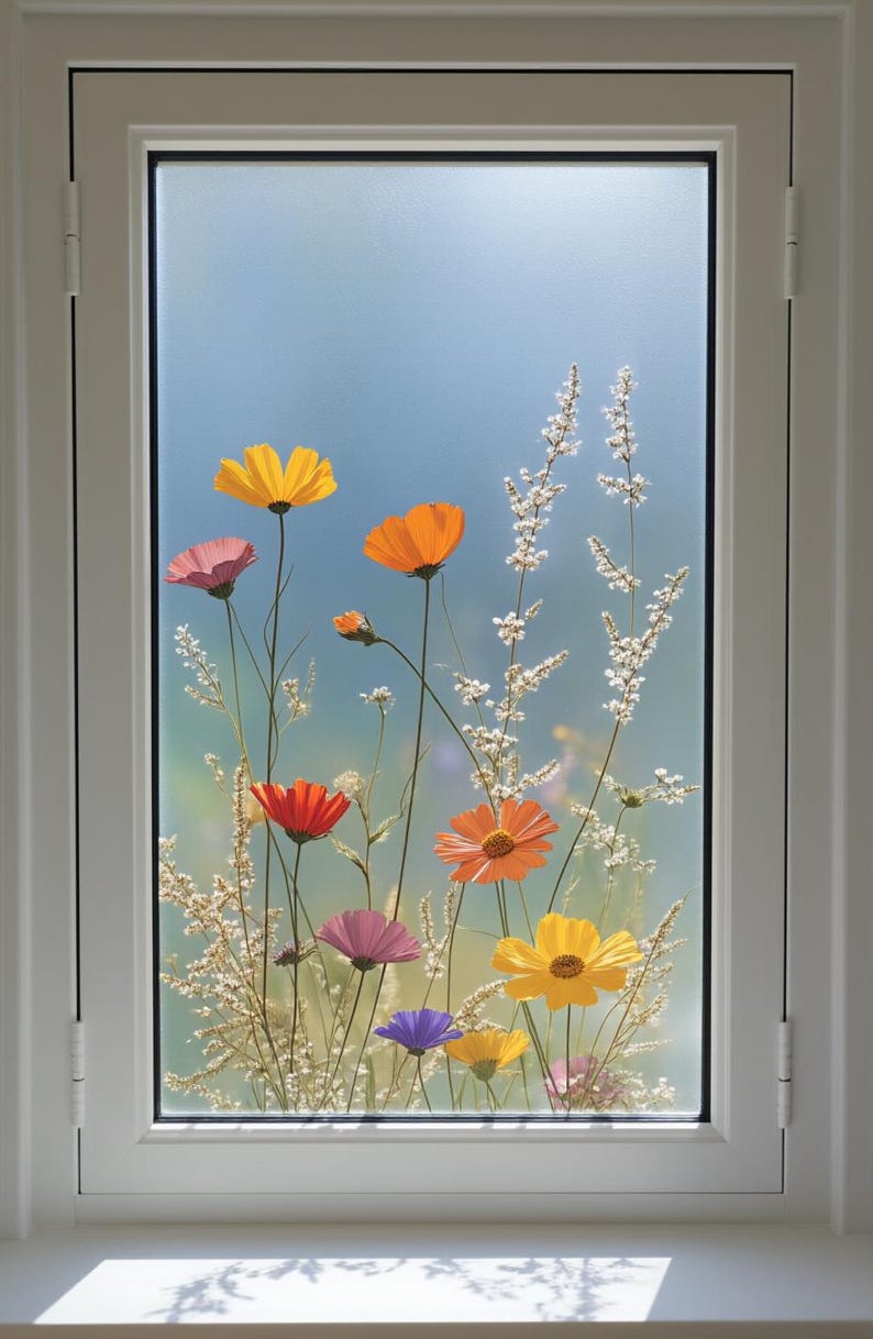Wildflower Meadow Window Privacy Film – Colorful Floral Static Cling ...