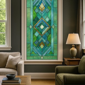 Custom Geometric Stained Glass Window Film – Green & Blue Diamond ...