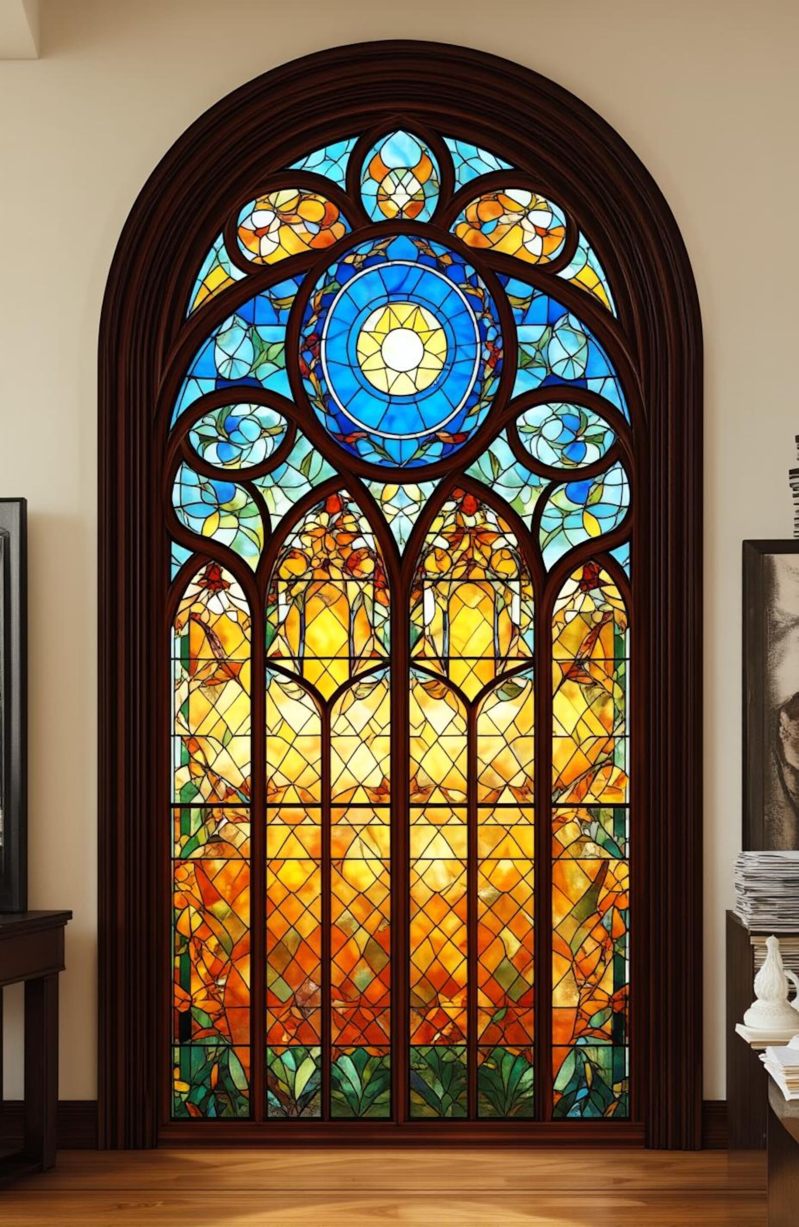 Cathedral Arched Stained Glass Window Film – Sunrise Blue and Amber ...