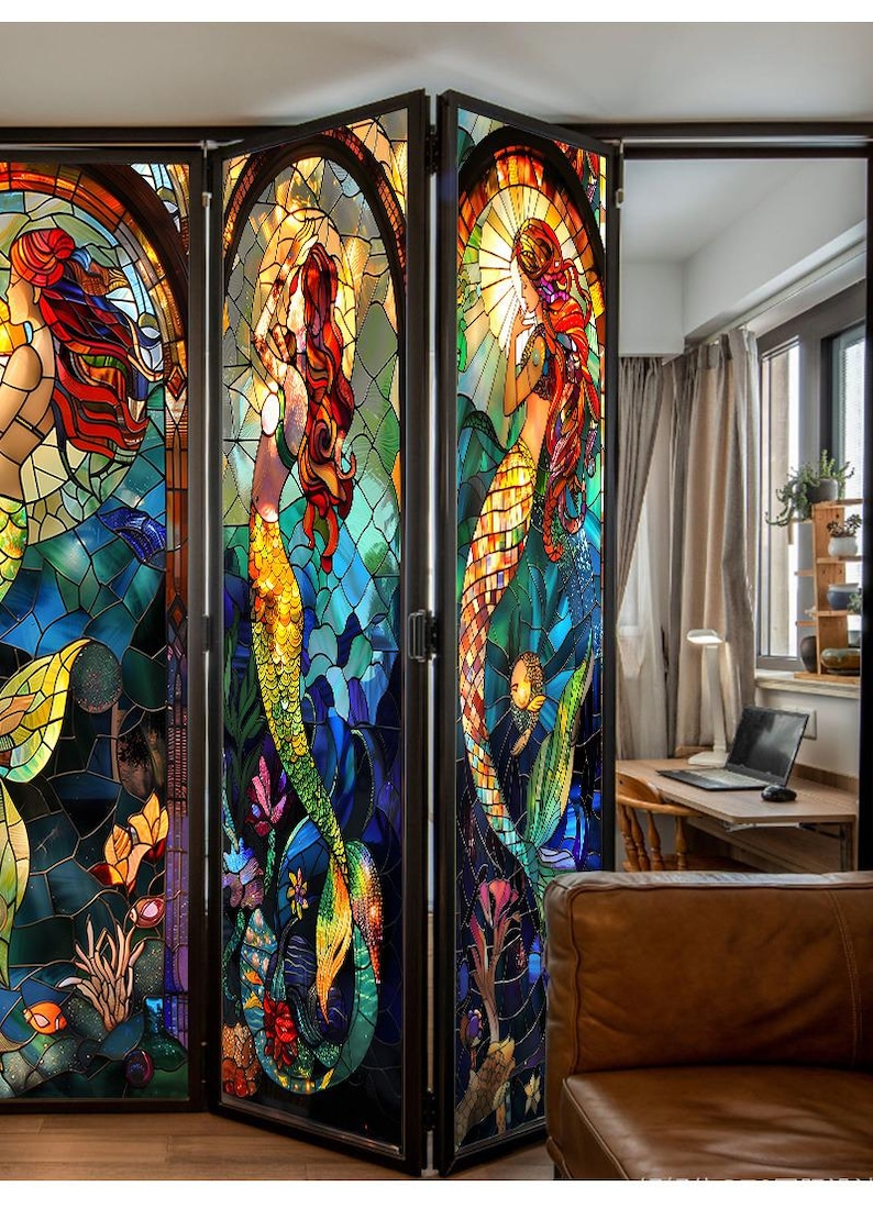 Custom Mermaid Stained Glass Window Film, Vibrant Underwater Design ...