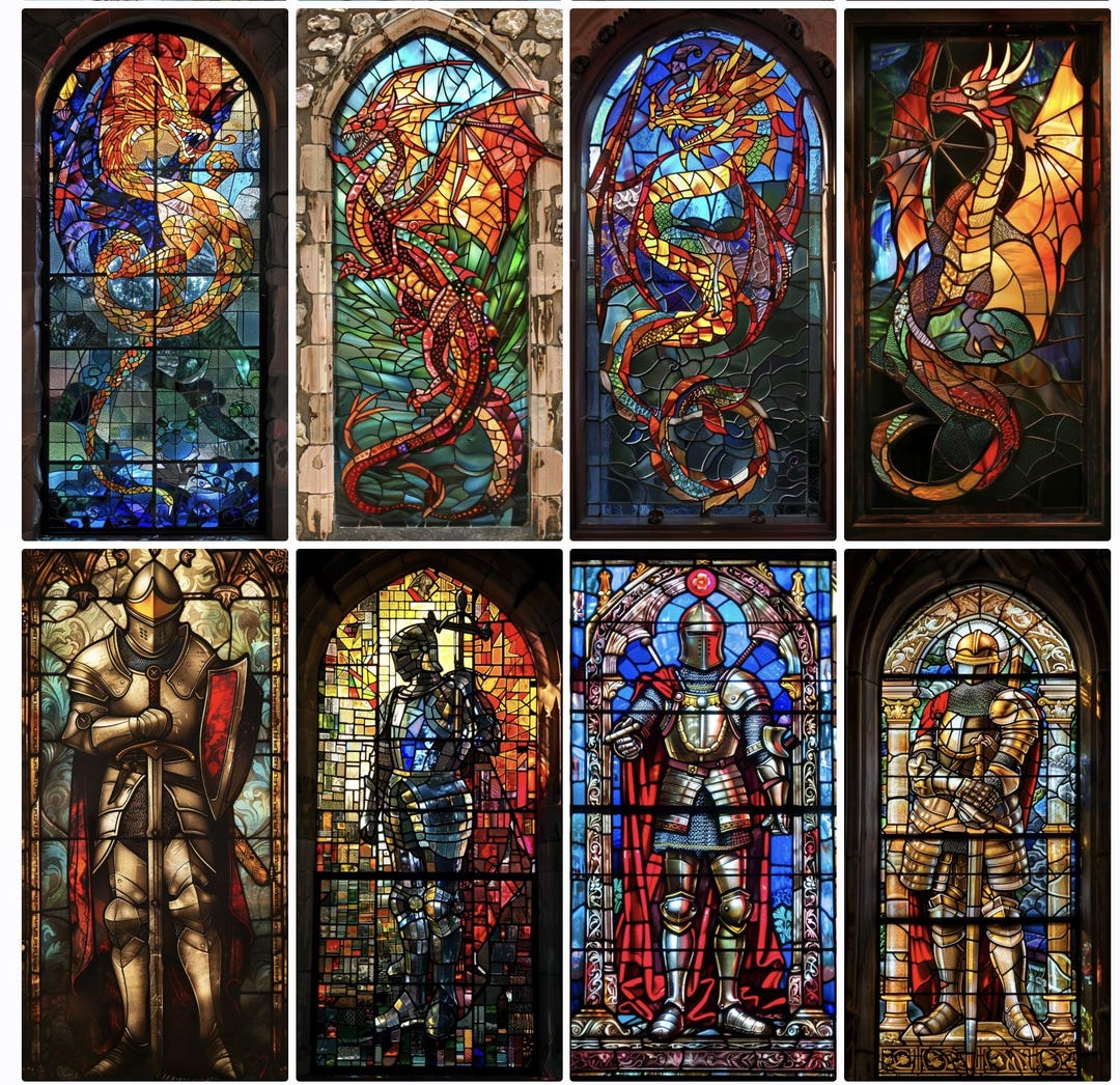 Medieval Dragon and Knight Stained Glass Window Art - Customizable Home ...