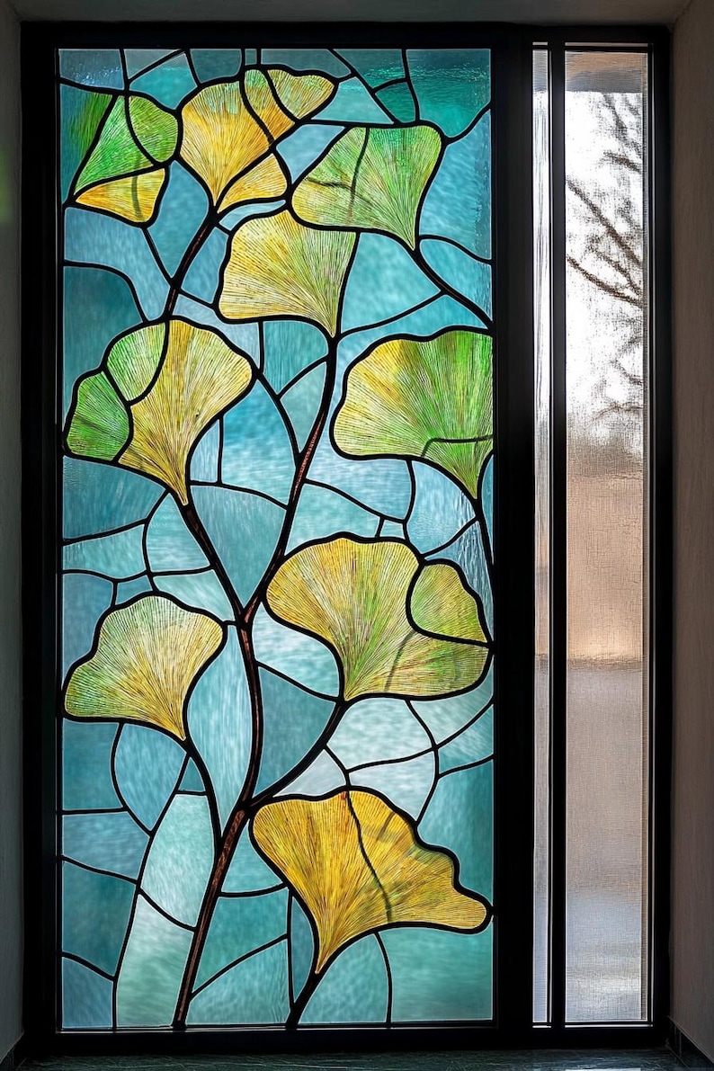 Custom Ginkgo Leaf Stained Glass Window Film – Yellow Botanical Privacy ...