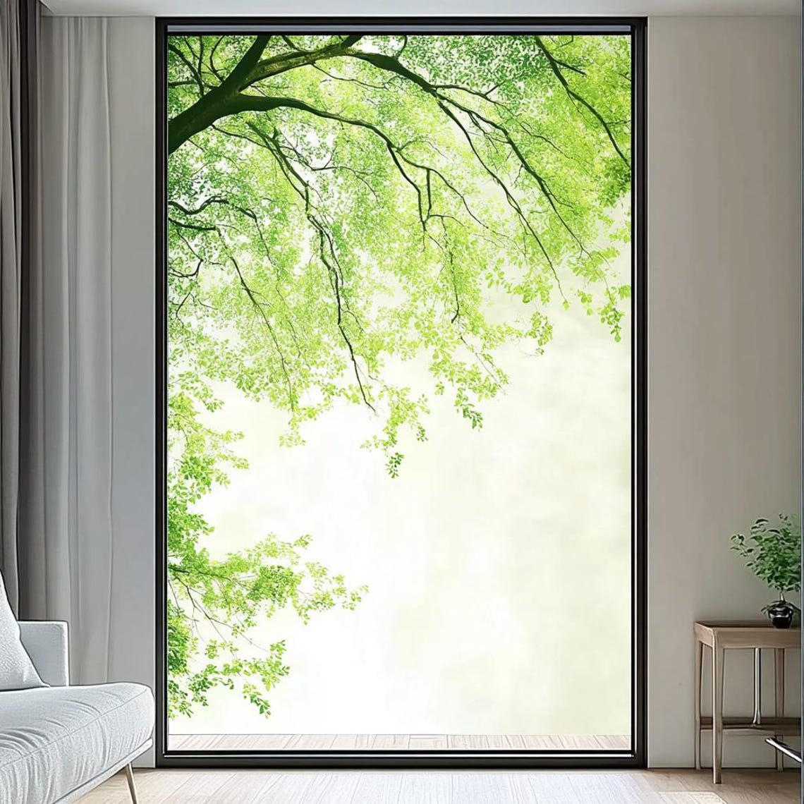 Custom Tree Branch Window Privacy Film – Frosted Green Nature Static ...