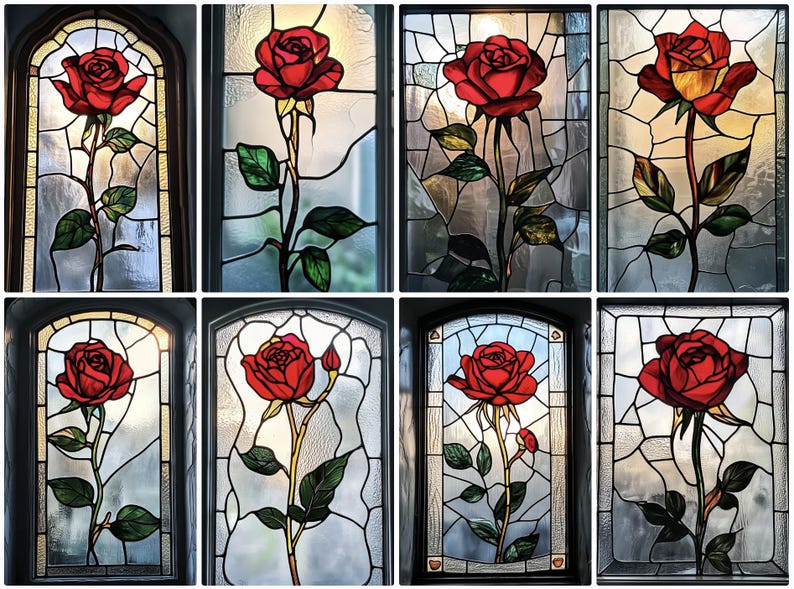 Custom Stained Glass Window Film - Elegant Red Rose Design for Privacy ...