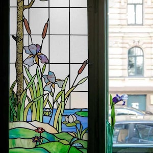 Custom Nature Scene Stained Glass Window Film - Decorative Privacy Cling With Water Lilies ...