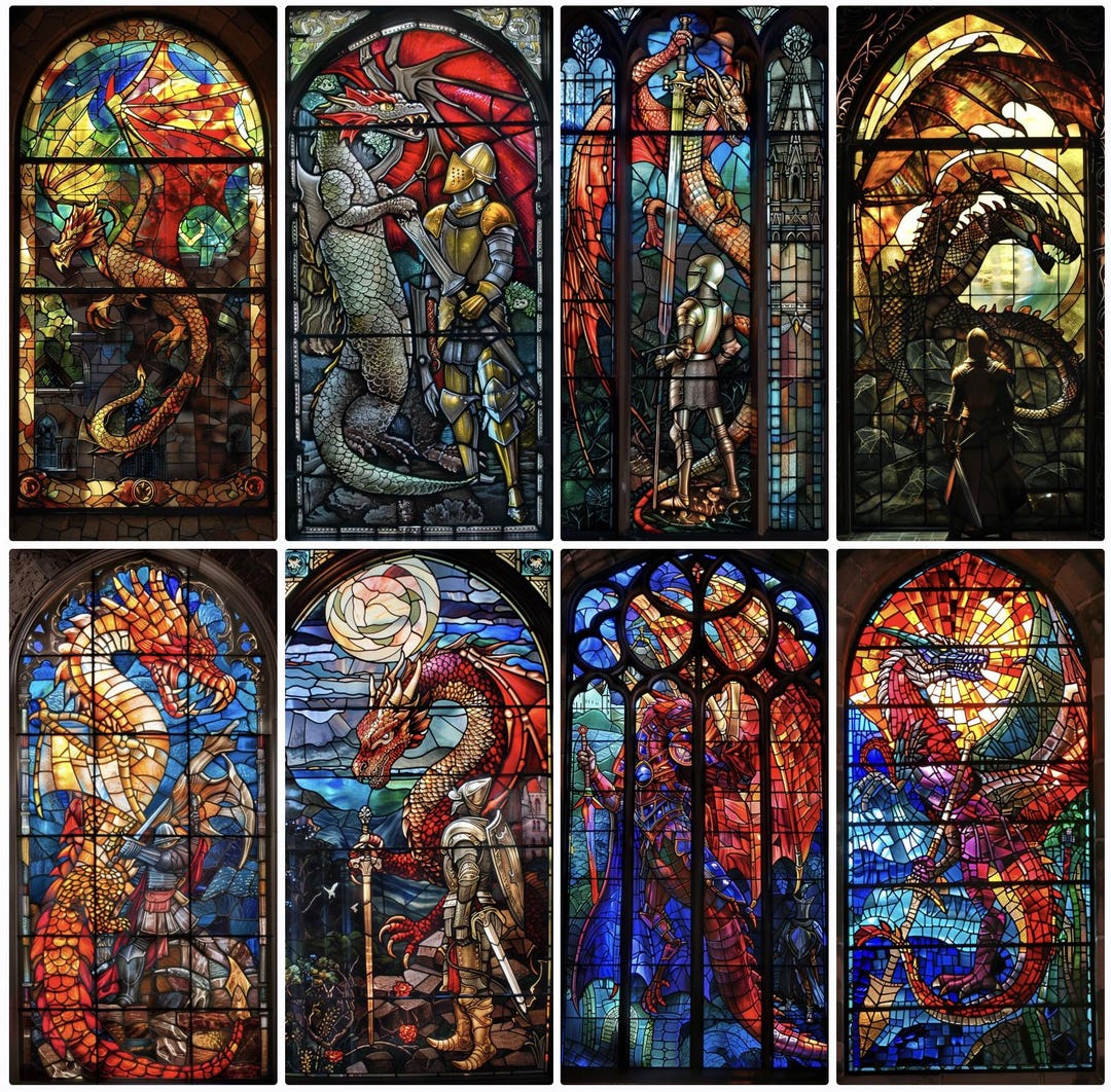 Fantasy Dragon and Warrior Stained Glass Panels - Gothic Style Window ...