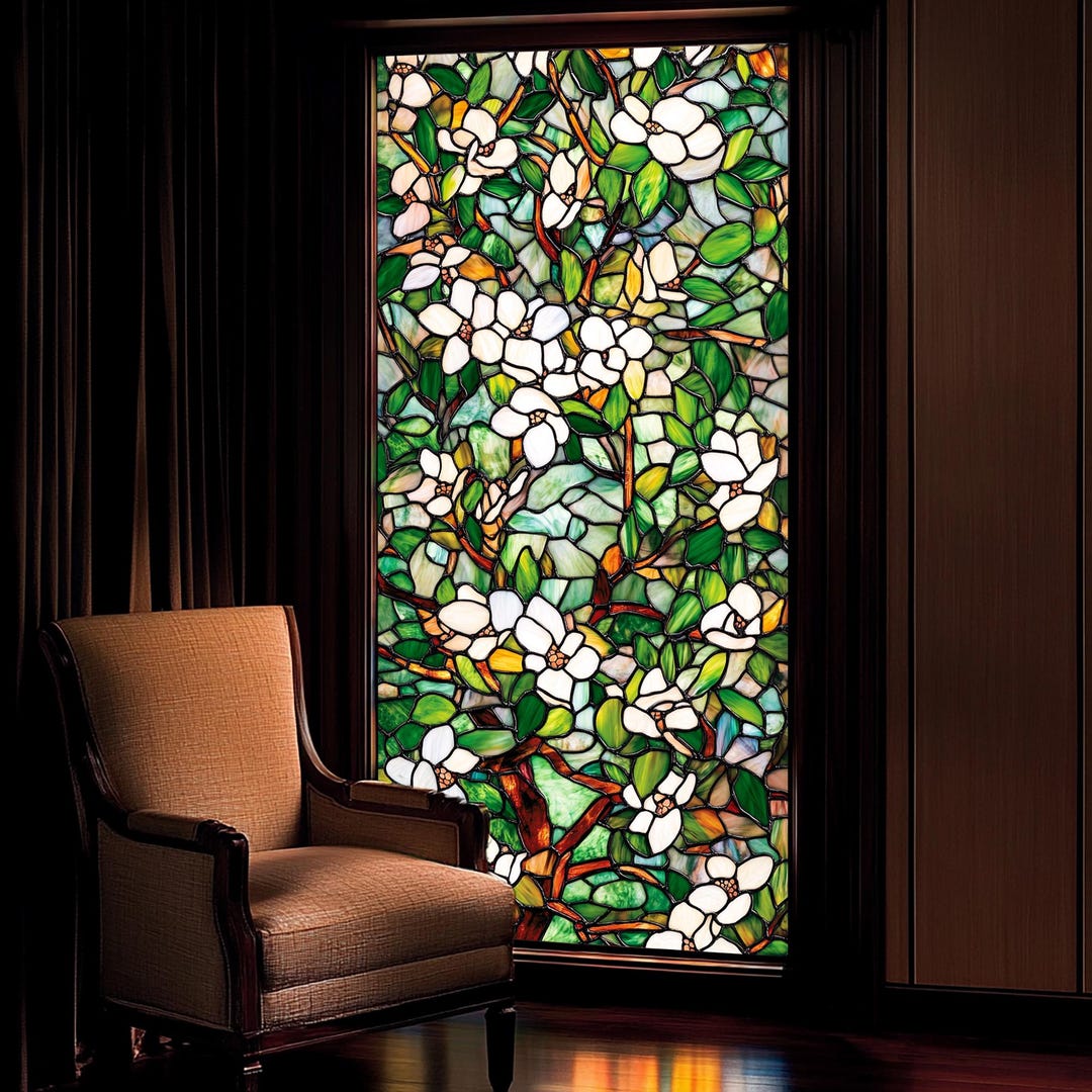 Vintage Style White Flower Stained Glass Window Decal – Custom Privacy ...