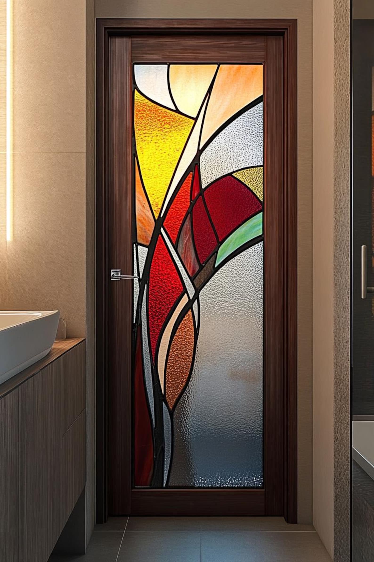 Custom Stained Glass Door Film - Bold Geometric Design With Vibrant ...