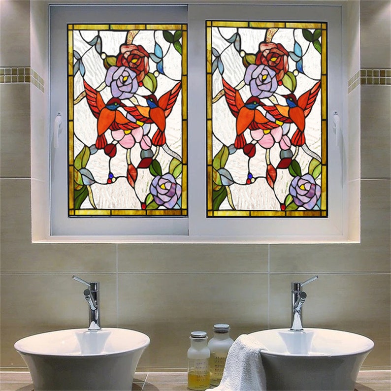 Custom Size Stained Glass Window Film Privacy Bird and Flower Design ...