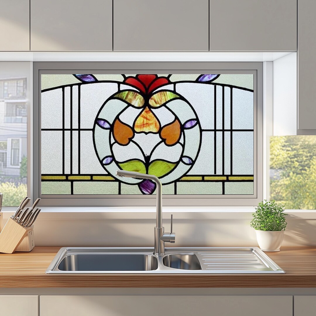 Stained Glass Window Film – Vintage Floral Pattern for Privacy and ...
