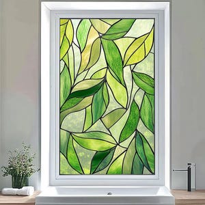 Leafy Green Stained Glass Window Film, Non-adhesive Frosted Privacy ...